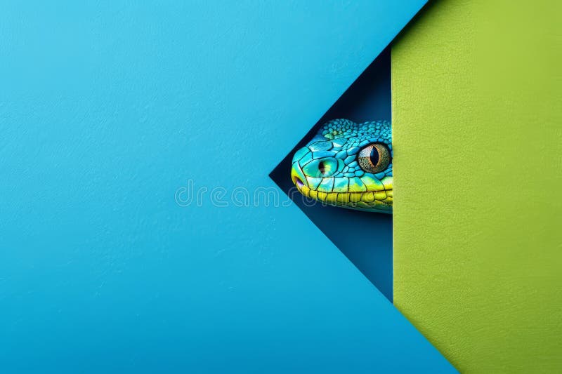 Close-up of Green Tree Python Peeking from Blue and Green Background ...