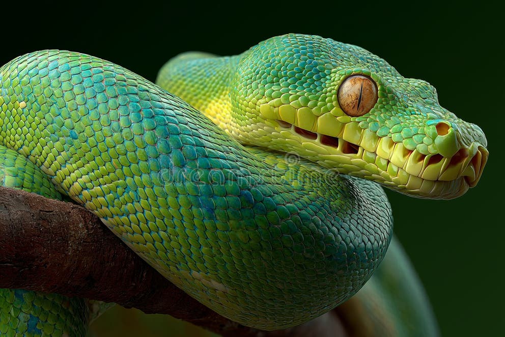 Close-Up of a Green Tree Python Showcasing Colorful Scales and Coiled Precision Stock ...
