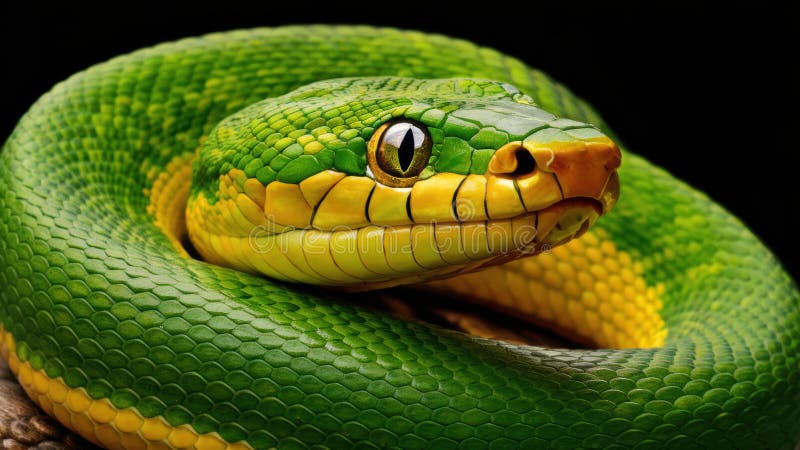 A Close Up of a Green and Yellow Snake with Its Mouth Open, AI Stock ...