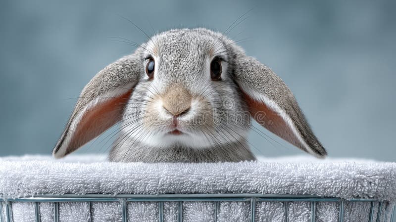 Close-up of a Grey Rabbit in a Basket; Charming Pet Portrait Stock ...