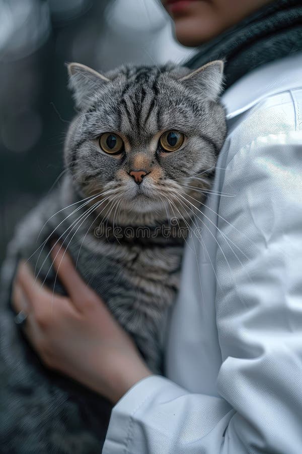 Close-up of a Grey Tabby Cat Being Held by a Person in a White Coat ...