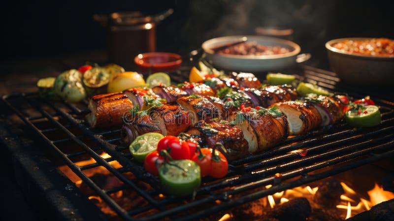 Close Up of Grill with Bunch of Food Cooking. Generative AI. Stock ...