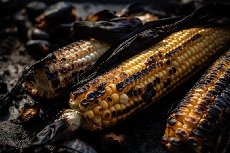 Close-up of Grill Marks and Charred Kernels on Grilled Corn Cob Stock ...