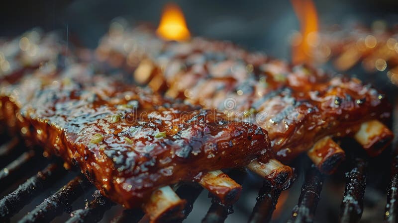 Close Up of Grill with Meat Cooking Stock Photo - Image of searing ...