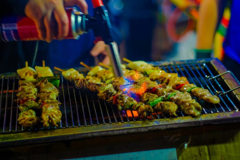 Close Up of Grilled in a Barbecue on Fire. Barbecue Grill with V Stock ...