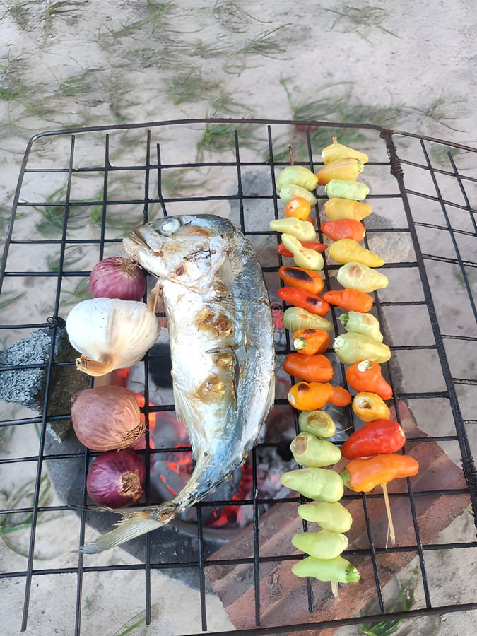 Grilled Fish and Vegetable on the Grill Stock Photo - Image of barbecue ...