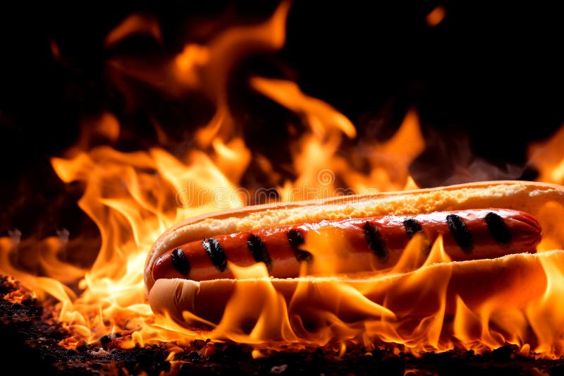 Close Up Grilled Hot Dog in Flame and Fire. Hot Hot Dog Concept Stock ...