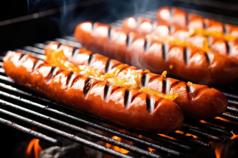 Close-up of Grilled Hot Dogs on a Barbecue Stock Image - Image of ...