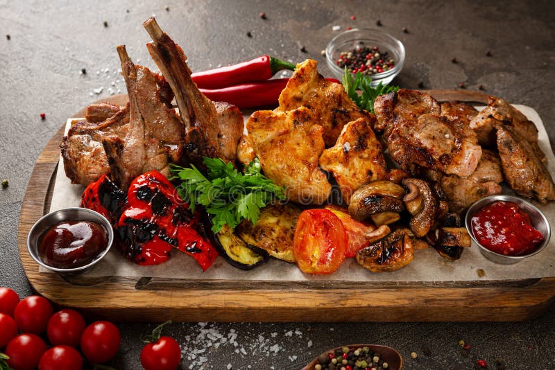 Close Up of Grilled Meat of Different Types Beef Pork Dark Surface ...