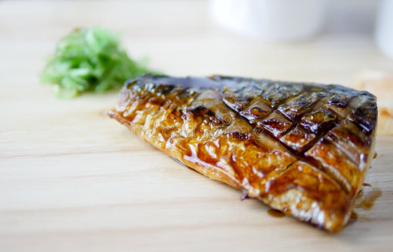 Close Up of Grilled Saba is on the Wood Table in the Kitchen Stock ...