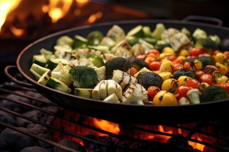Close-up of Grilling Vegetables on Open Fire Pit Stock Illustration ...
