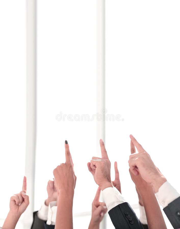 Close Up. a Group of Business People Pointing Up Somewhere Stock Photo ...