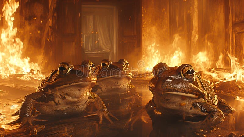 A Close Up of a Group of Frogs Sitting in Front of a Fire Stock ...