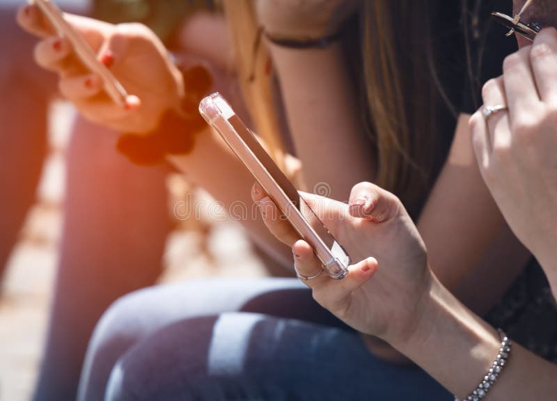 Group Girl Typing Text Message on Smart Phone Stock Image - Image of ...