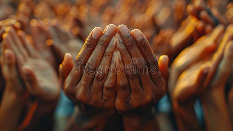 A Close-up of a Group of Hands Raised in Prayer, with the Setting Sun ...
