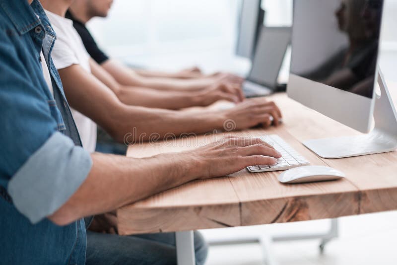 Close Up. a Group of People Work on Their Computers Stock Image - Image ...