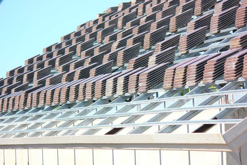 Close Up Group of Roof Tile Prepare on Roof Steel Structure for Install ...