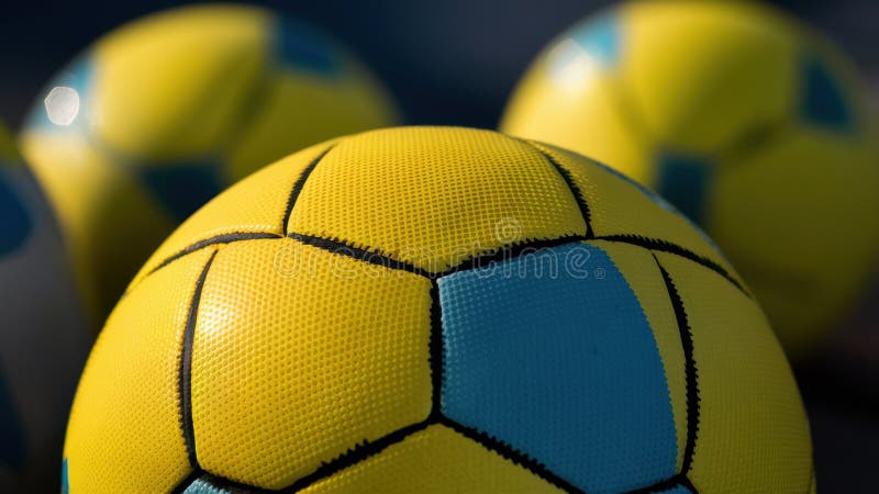 A Close Up of a Group of Soccer Balls with Blue and Yellow Markings, AI ...