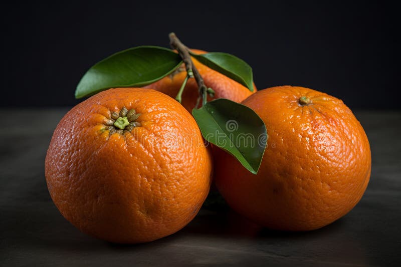Close Up of Group of Three Oranges with Green Leaves on Table Dark ...