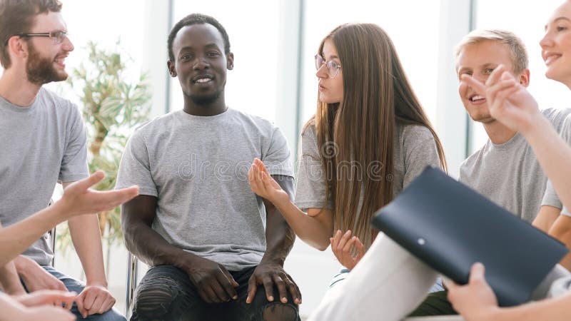 Close Up. Group of Young People Disputing during the Seminar Stock ...