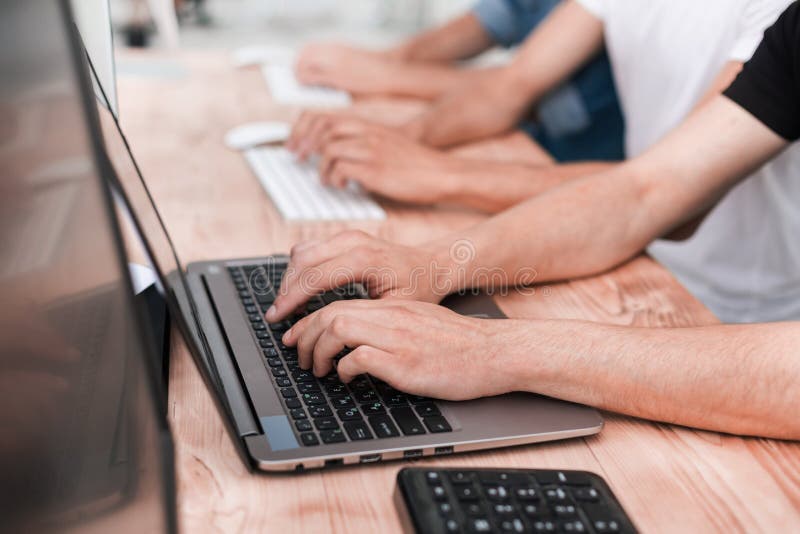 Close Up. Guy is a Student Typing on a Laptop Stock Image - Image of ...