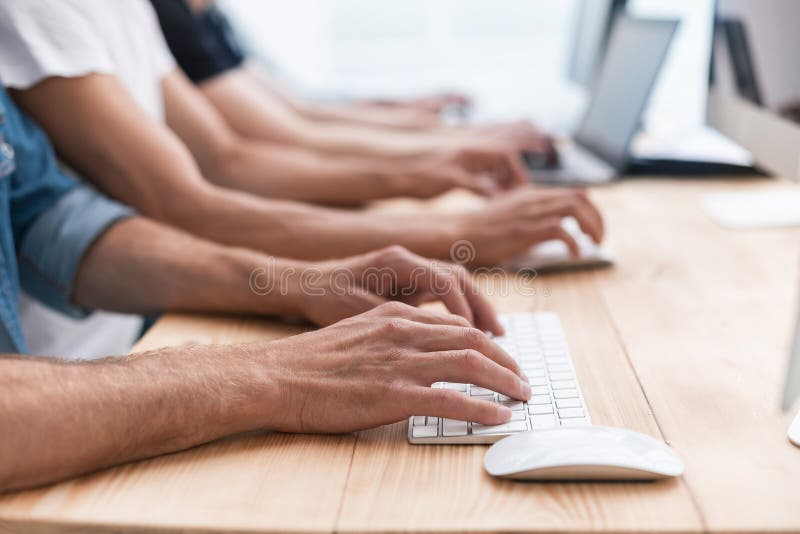 Close Up. Guy Student Working on Computer Stock Image - Image of ...