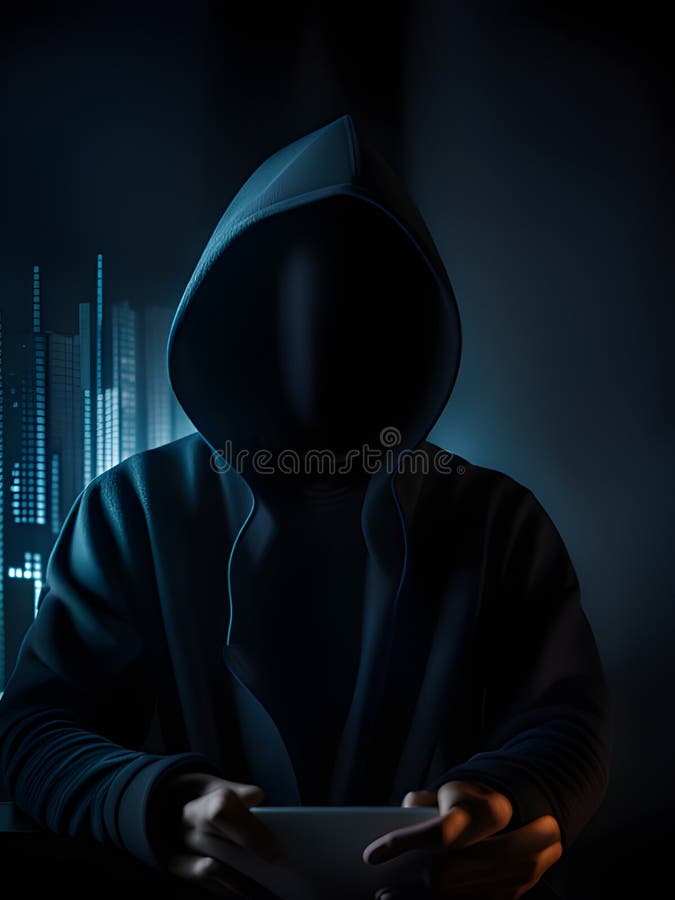 Close Up Hacker in Black Hoodie in Dark Room Stock Illustration ...