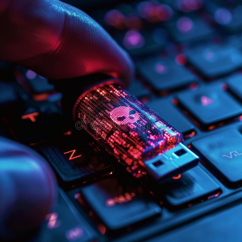 A Close-up of a Hacker Hand Holding a USB Drive, Its Surface Displaying ...