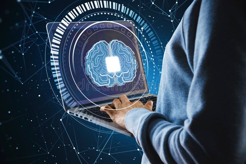 Close Up of Hacker Hands Using Laptop with Glowing Polygonal Chip and ...
