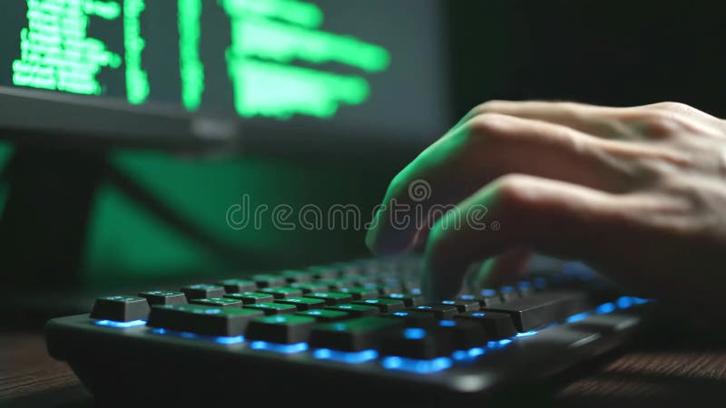 Close-up of a Hacker S Hands Typing on a Backlit Keyboard with Green ...