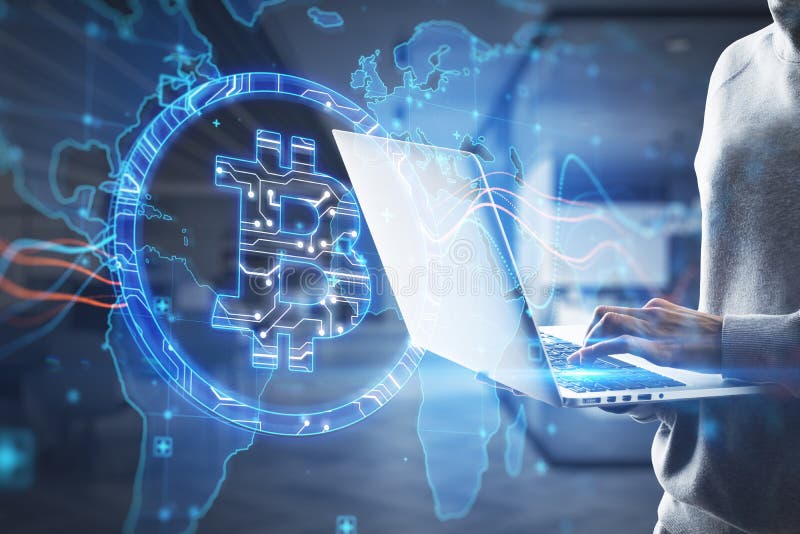 Close Up of Hacker Using Laptop Computer with Creative Glowing Global ...