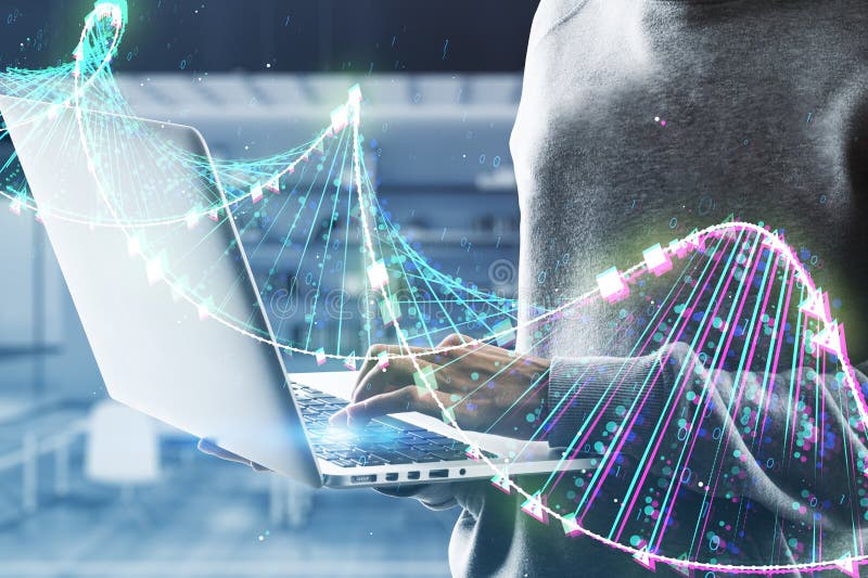 Close Up of Hacker Using Laptop with Glowing Binary Code DNA Helix on ...