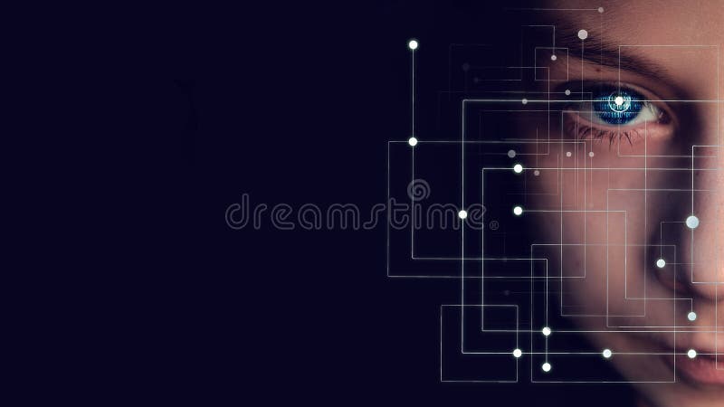 Close-up Half Face Man Portrait with Binary Code in Eyes with Digital ...