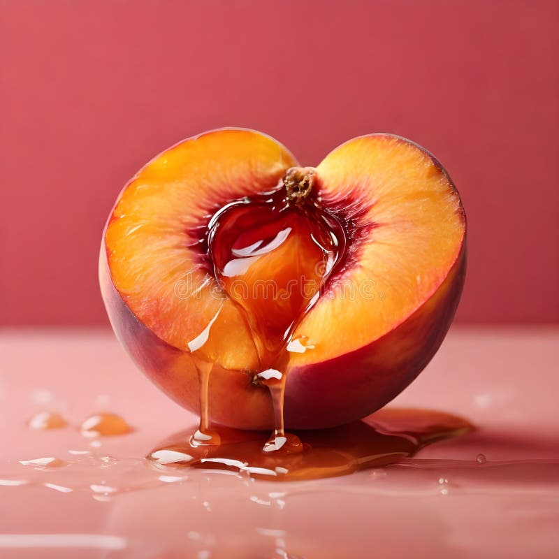 Close Up of a Half Peach with Syrup Dripping on Pink Background Stock ...