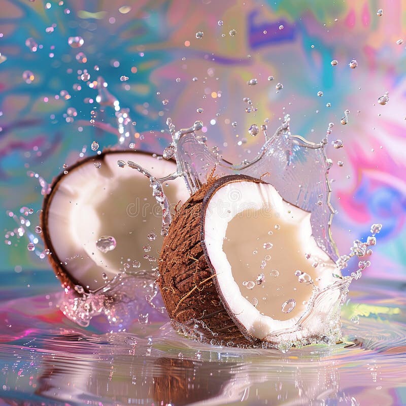 Close Up of Halved Coconut Splashes into a Pool of Water, Creating a ...