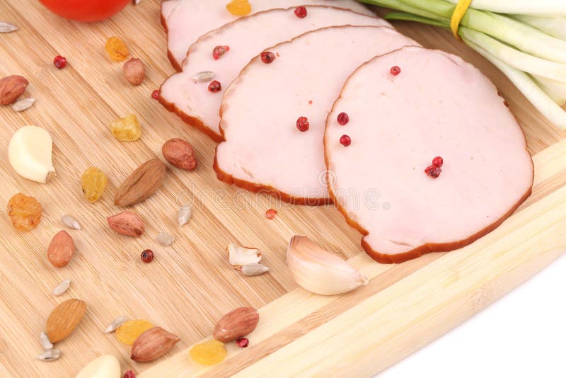 Close Up of Ham with Nuts on Board. Stock Image - Image of raisins ...