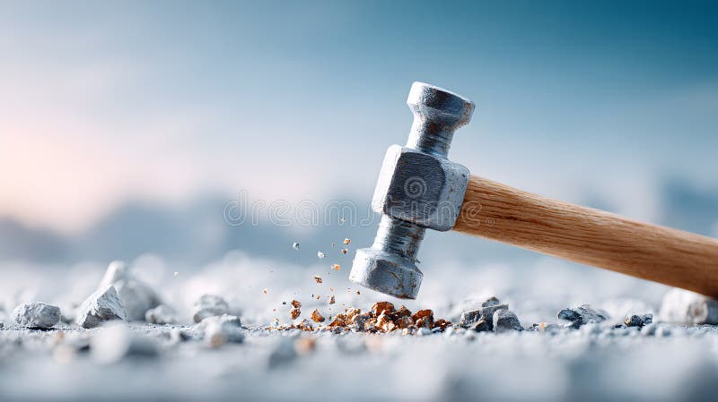 Hammer Striking Ground with Flying Debris, Showcasing the Power of ...