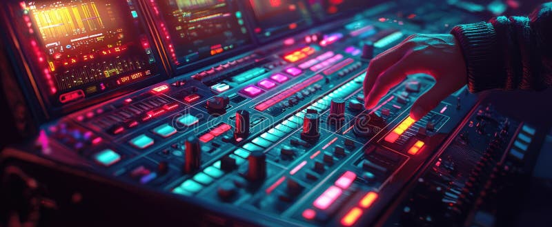 Close-up of Hand Adjusting Colorful Audio Mixing Console with Neon ...