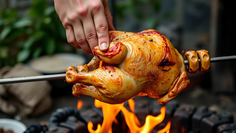 A Close Up of a Hand Adjusting the Cooking Level on a Spit with a Whole ...