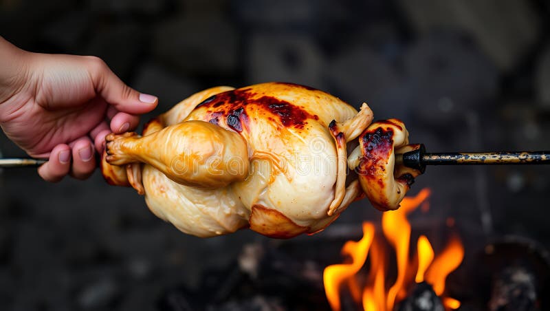 A Close Up of a Hand Adjusting the Cooking Level on a Spit with a Whole ...