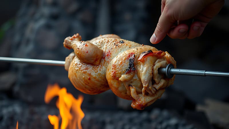 A Close Up of a Hand Adjusting the Cooking Level on a Spit with a Whole ...