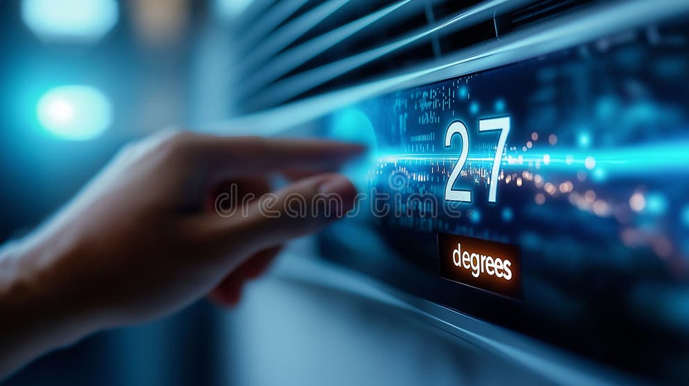 Close Up of Hand Adjusting Temperature on Air Conditioner Display ...