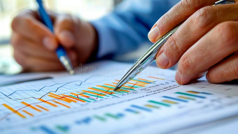 Close-up of a Hand Analyzing Financial Charts with a Pen - Focused on ... Close-up of a Hand Analyzing Financial Charts with a Pen - Focused on ...