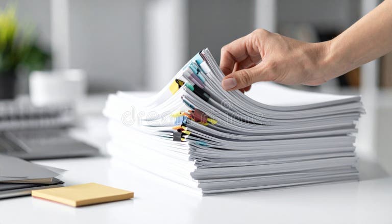 Close Up of Hand Arranging Stacked White Documents on White Desk in ...
