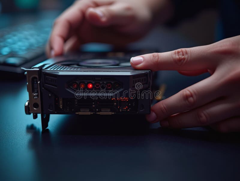 Close-up of a Hand Carefully Positioning a Sophisticated Computer ...