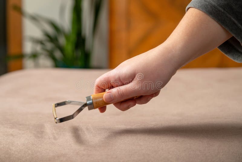 Close Up of Hand Cleaning Sofa Surface with a Carpet Scraper Tool. Rug ...