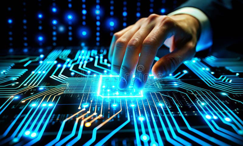 Close-up of the Hand Controlling the Data. Abstract Dark Background ...