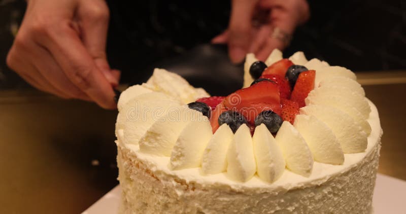 Close Up Hand Cutting Fruit Cake Stock Video - Video of hand ...
