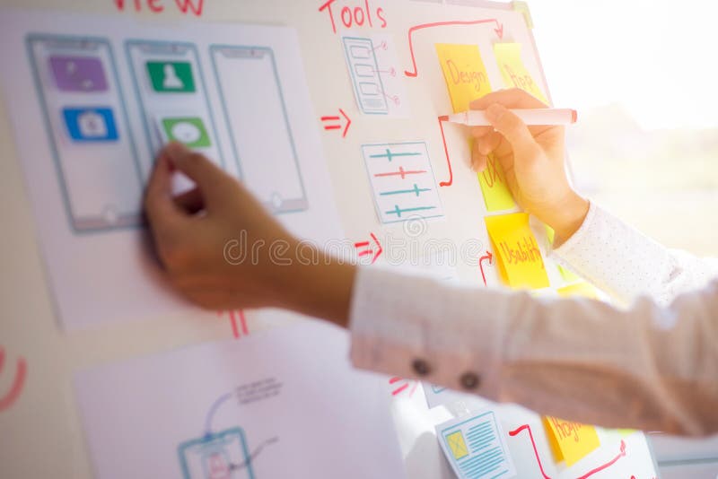 Close-up Hand of Designer Woman Sort Layout of Drawing Application for ...