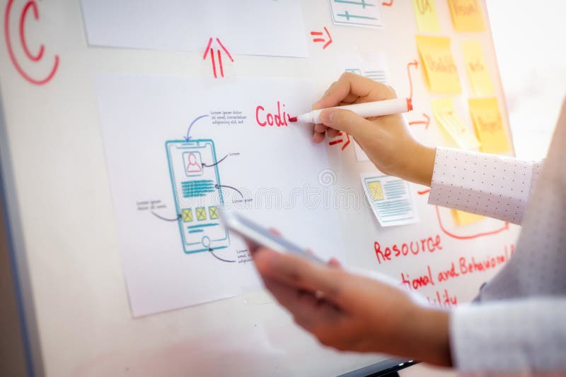 Web Designer Woman Doing Test Sketch Drawing Application for Mobile ...